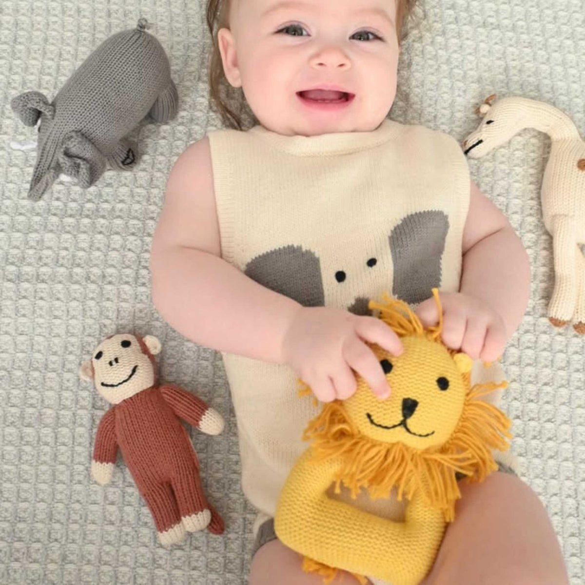 Safari Animals Rattle Set | 4 Organic Hand-Knit Baby Rattles | Estella