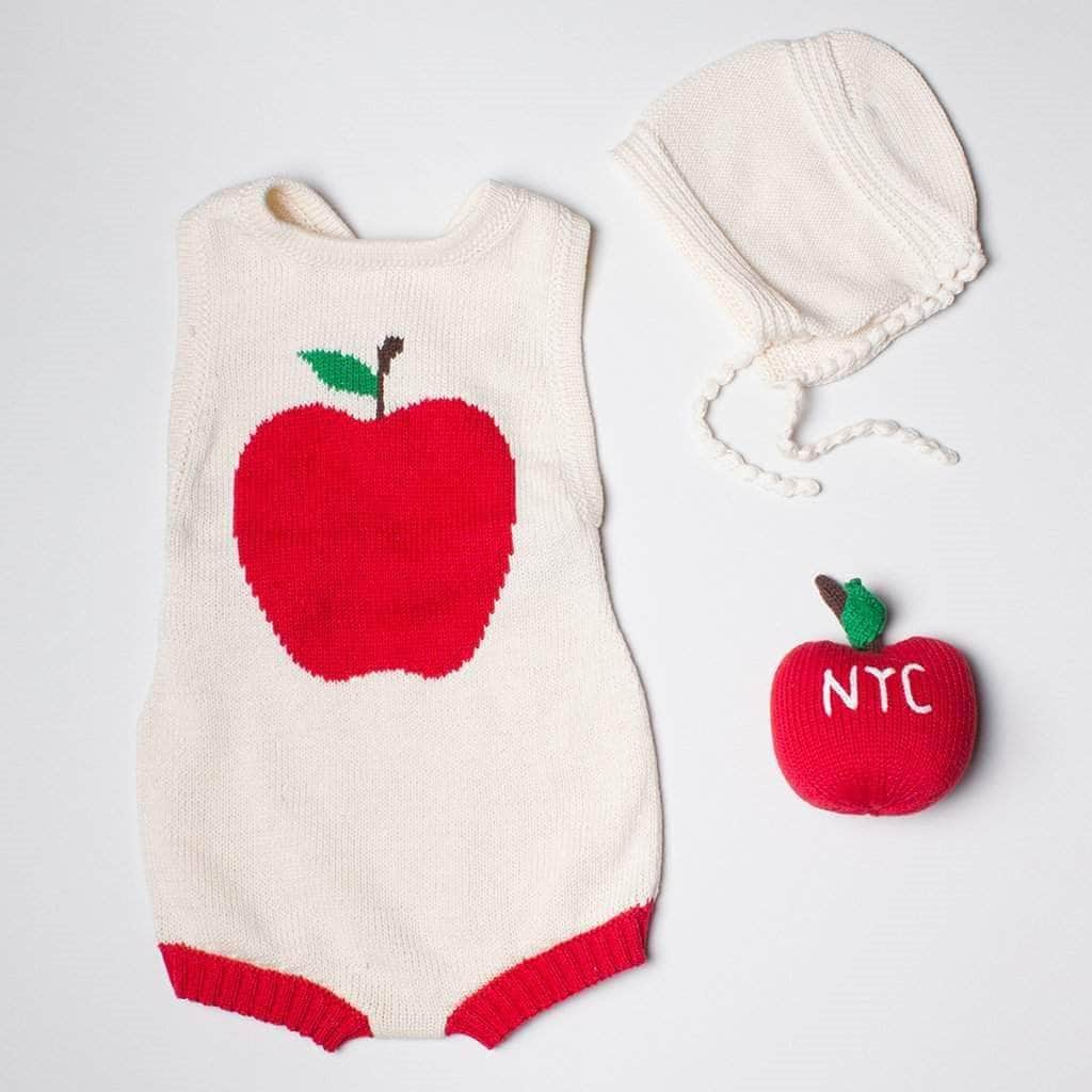 Organic Cotton Baby Gift Set - Baby Romper, Apple Rattle & Hat